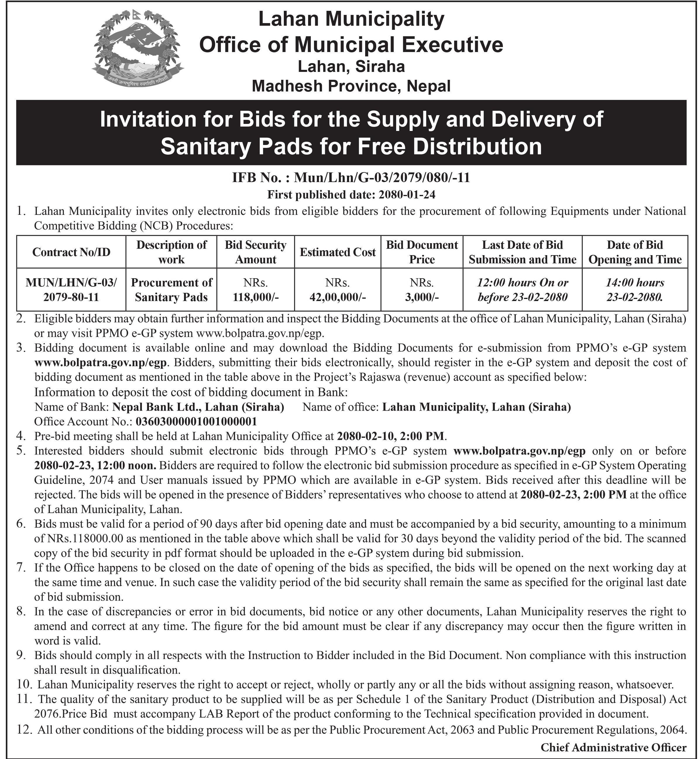 Invitation for Bids for the Supply and delivery of Sanitary Pads for Free Distribution | Lahan ...